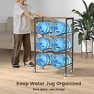 Housolution 3 Tier 5 Gallon Water Jug Holder 6-Tray Water Jug Rack with Top Shelf and 4 Wheels Heavy Duty Movable Water Jug Stand,5 Gallon Water Bottle Holder for Kitchen Office Living Room，Brown