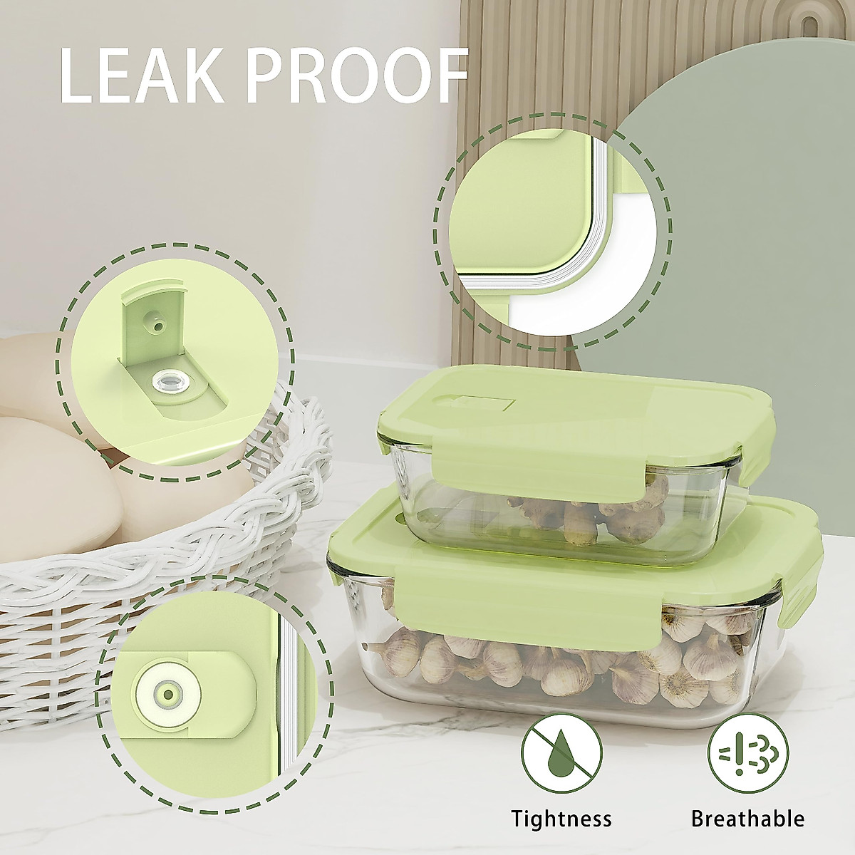 ZRRHOO 10 Pack Glass Food Storage Containers with Lids, Freezer Meal Prep Containers (Built in Vent), Green Kitchen Style Bento Boxes for Storage, BPA Free & Leak Proof (Green)