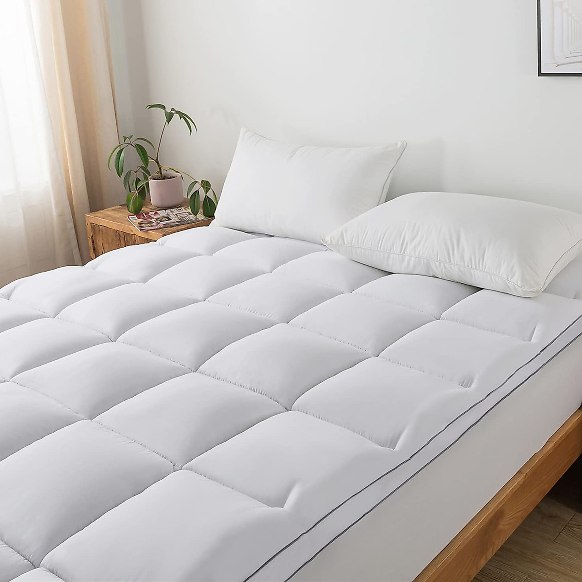 JURLYNE Extra Thick Mattress Pad Queen Size - Cooling Mattress Topper Cover - Pillow Top with Breathable 4D Spiral Fiber Filling Mattress Pad