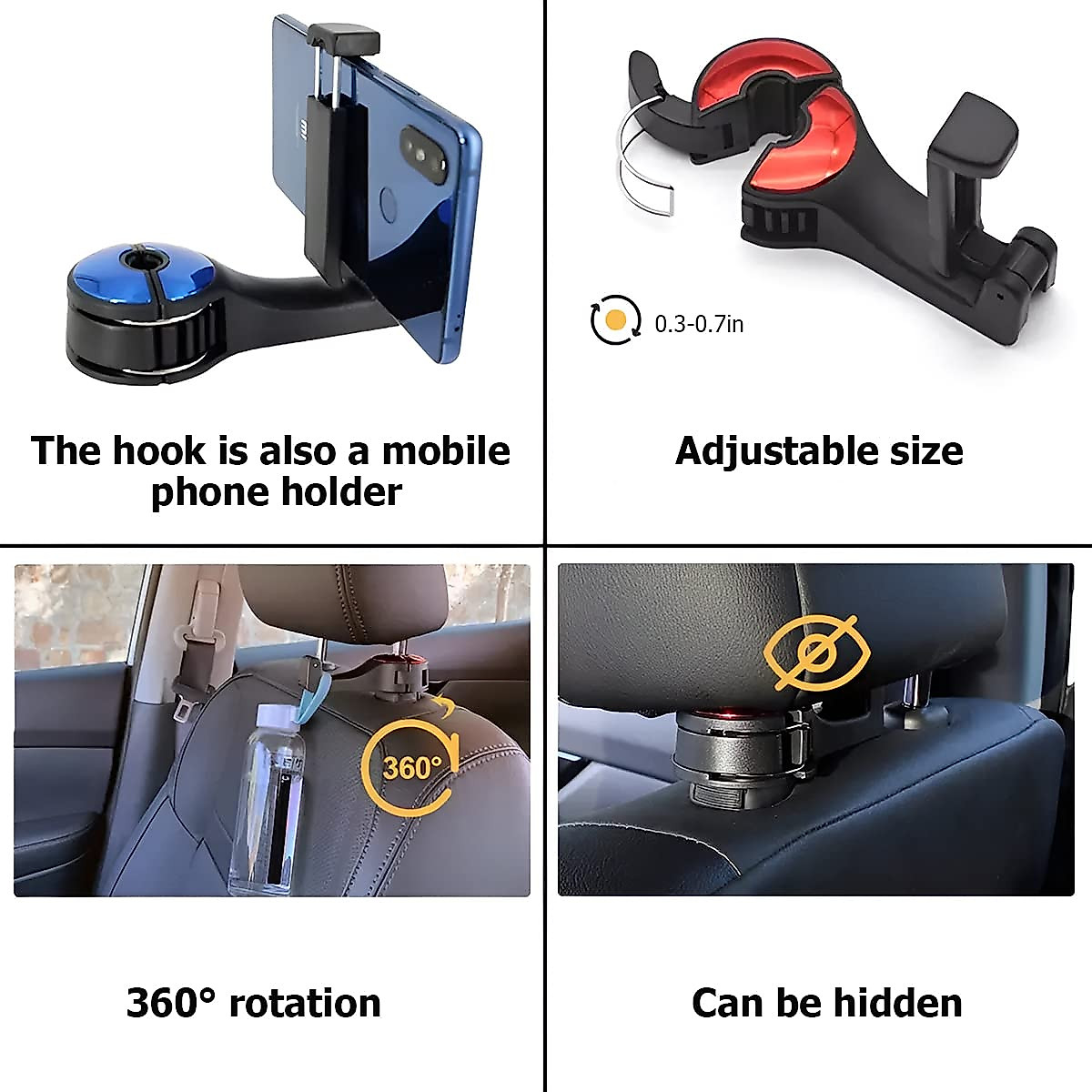 AICEL 2PCS Car Headrest Phone Mount, Backseat Magnetic Phone Holder, Rear Car seat Headrest Storage Hook, Auto Hooks Hanger with Lock and Phone Bracket for Hanging Bag Grocery (Silver/Hold)