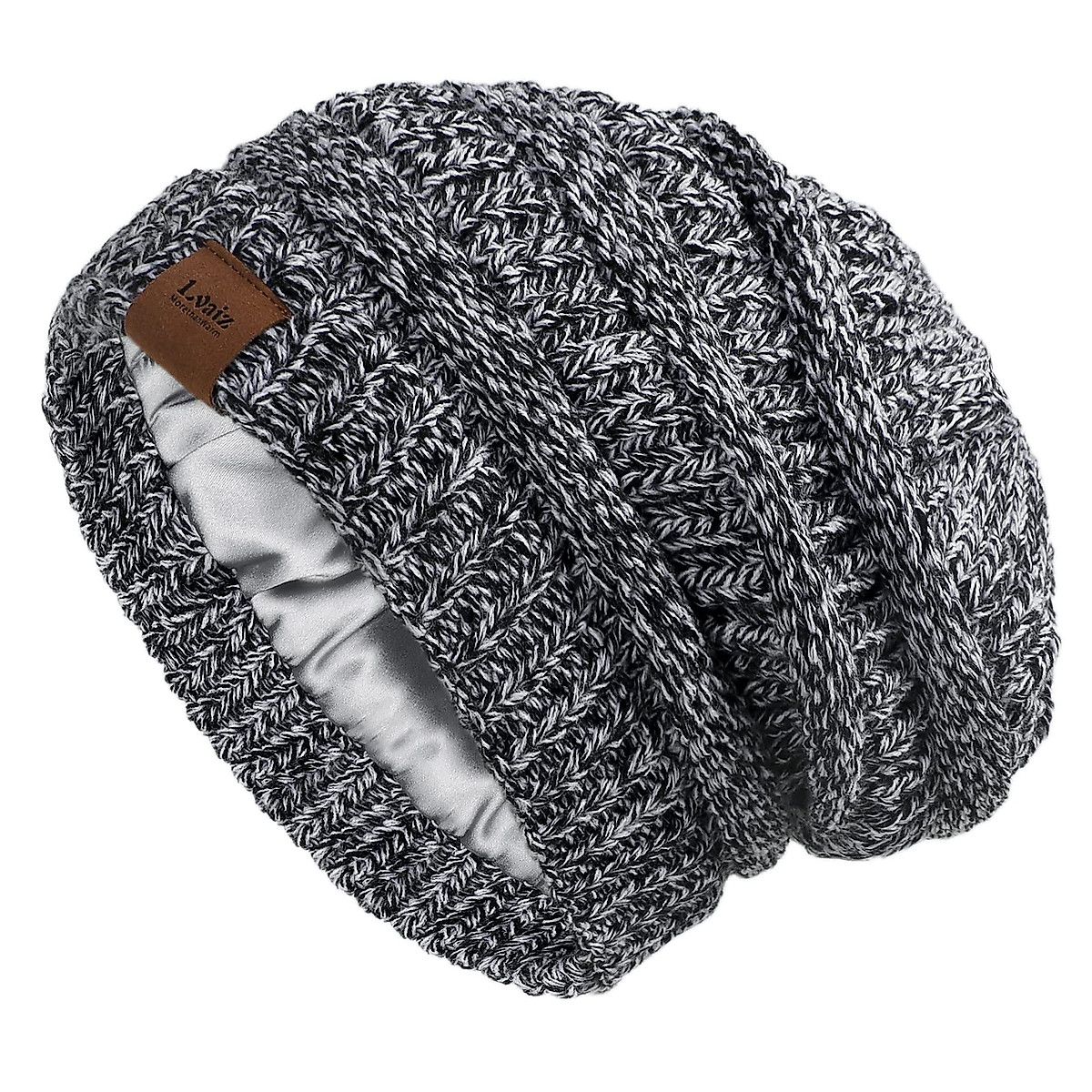 Womens Satin Lined Winter Cable Knit Beanie for Men Silk Lining Thick Chunky Cap Soft Slouchy Warm Hat (Mix Black)