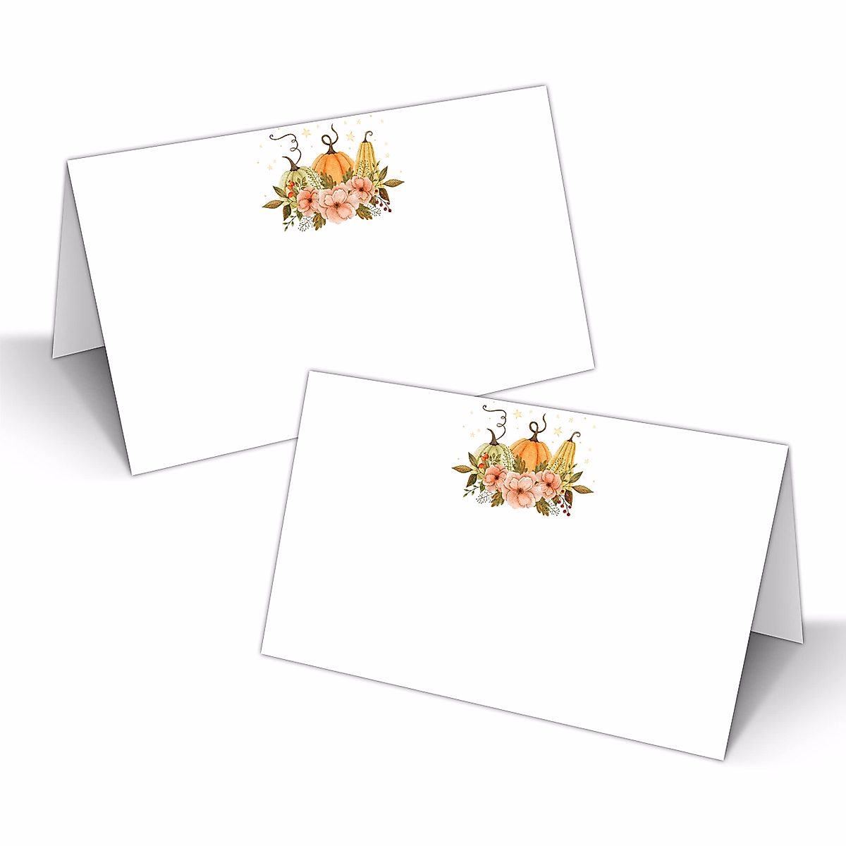 Fall Thanksgiving Table Place Cards, Orange Pumpkin Blank Seating Place Card for Table, 25 Pack Buffet Food Tent Labels, Double Design Name Cards, Thanksgiving Day Party Decorations(01)