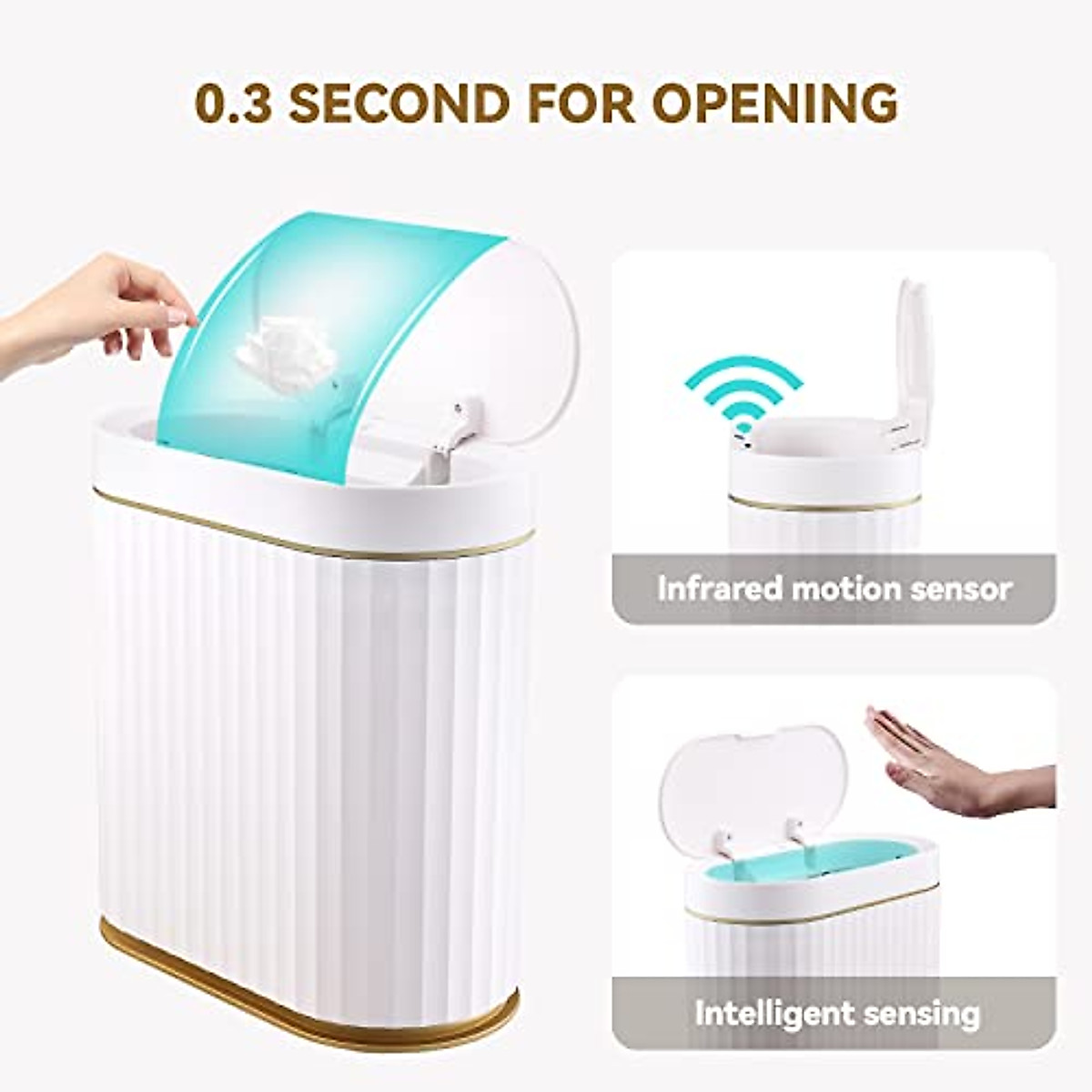 Motion Sensor Trash Can - ELPHECO 2.5 Gallon Waterproof Motion Sensor Trash Can, Bathroom Trash Can, Garbage Bin for Kitchen and Office Use, White with Golden Trim