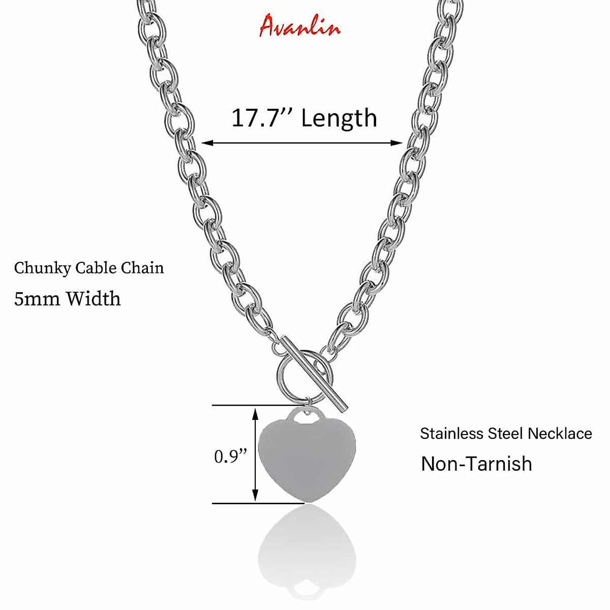 Avanlin Heart Toggle Necklace Silver Stainless Steel Pendant Choker Charm Necklaces Cable Chain Jewelry for Women Girls