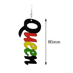Women's Afrocentric African Text Wood Dangle Pierced Earrings, Queen/Rasta