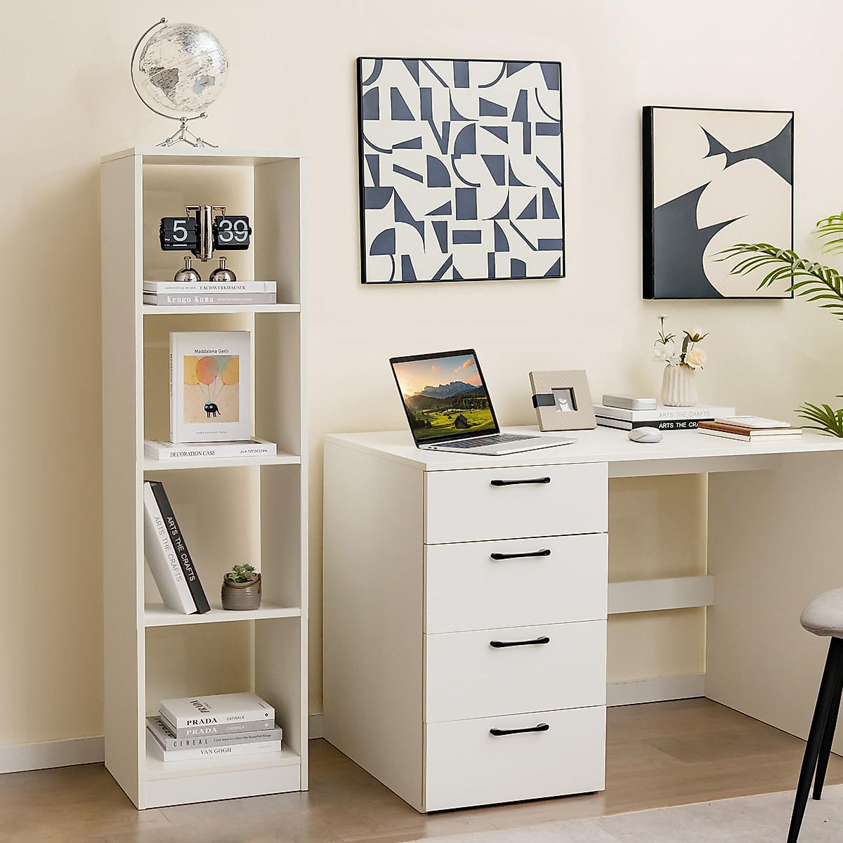 SILKYDRY 56” Tall White Bookshelf, 4 Cube Vertical Storage Organizer with Anti-Tip Kits, Freestanding 5-Tier Narrow Open Shelf Bookcase for Small Space, Bedroom, Study, Home Office (1)