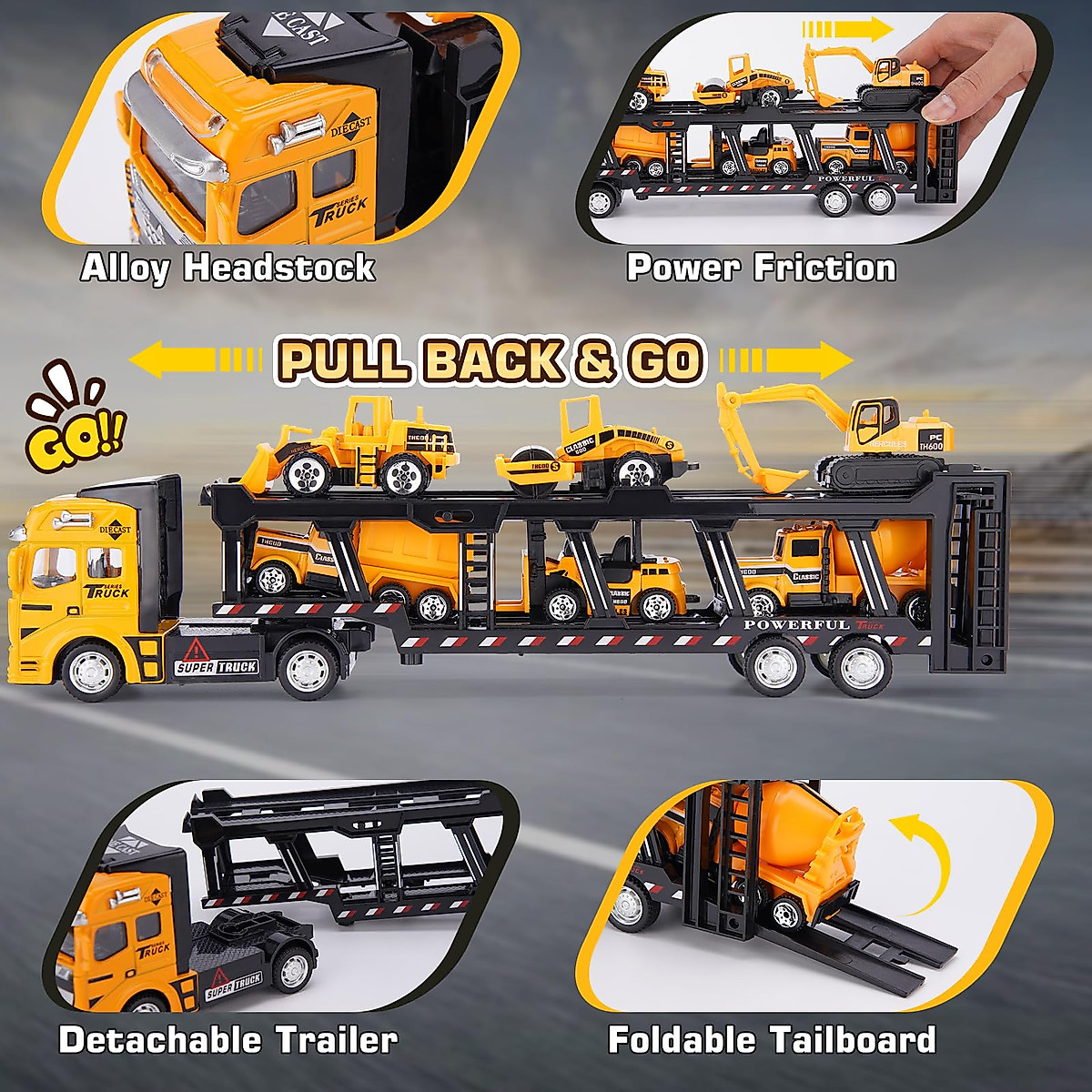 Crelloci 7 in 1 Construction Truck Toys, Die-cast Pull Back Transport Car Carrier, Detachable Metal Car Hauler, Tractor Excavator Play Vehicle Set for Kids Boys 3 4 5 Years Old