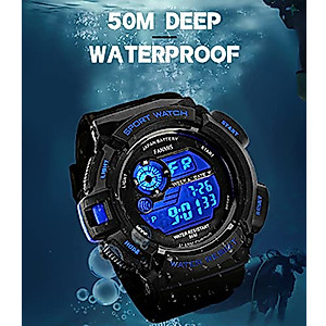FANMIS Mens Military Multi Function Tactics Digital LED Sports Watch Large Face Electronic Waterproof Alarm Quartz Outdoor Waterproof Watch (Blue)