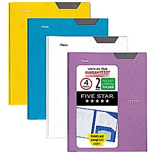 Five Star 2 Pocket Folder, 4 Pack, Plastic Folders with Stay-Put Tabs and Prong Fasteners, Holds 8-1/2” x 11" Paper, Writable Label, Assorted Colors (38064)