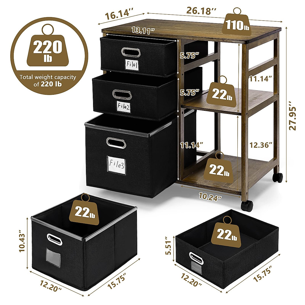 Homde 3 Drawer Bamboo File Cabinet Whit Wheel,Mobile Office Lateral File Cabinets,File Folders for Filing Cabinet,Printer Stand with Open Storage Shelf fits A4 Letter Size for Home Office,Brown