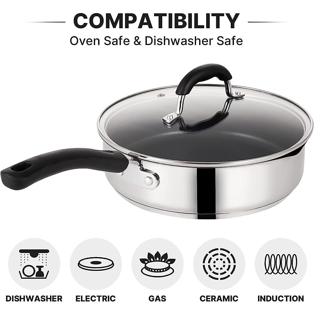 Qstar 3 qt. Stainless Steel Aluminum Nonstick Saute Deep Fry Pan with Lid and Pour Spout