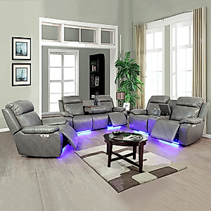 GEBADOL Power Recliner Sofa with LED Lights Leather Sofa for Living Room with USB Port/Storage Console/Cup Holders(Grey)