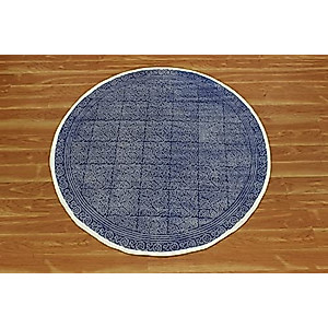Casavani Indian Handmade Rug Geometric Blue & Beige Cotton Dhurrie Round Area Rug Best Uses For Garden Yoga Mat,Living Room,Kids Room,Bedroom, Bathroom,kitchen 3x3 4x4 3x3 Feet Round