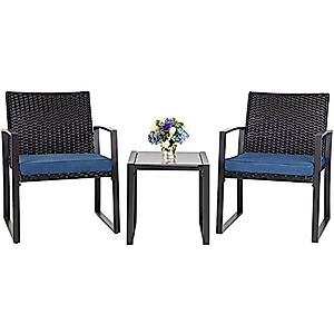 Oakmont 3 Pieces Patio Furniture Set Outdoor Wicker Conversation Set Modern Bistro Set Black Rattan Balcony Chair Sets with Coffee Table for Yard and Bistro(Navy Blue)