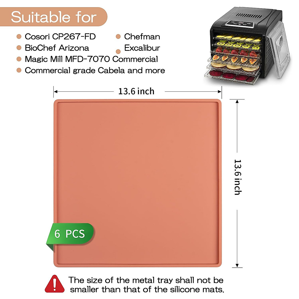 6 Pack Silicone Dehydrator Sheets with Edge for 14" x 14" Trays,Non-stick Silicone Dehydrator Mats for Excalibur Dehydrator, Reusable Silicone Tray Liner Square Dryer mesh for Meat, Herbs, Vegetables