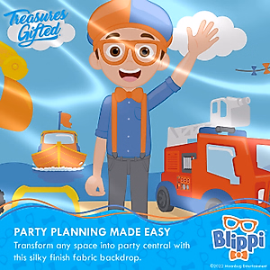 Treasures Gifted Officially Licensed Blippi Birthday Party Supplies - Blippi Backdrop Vehicle - 4.25ft Tall x 6ft Wide Blippi Birthday Backdrop - Blippi Birthday Banner - Blippi Party Decorations