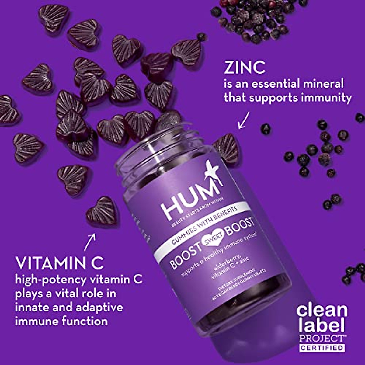 HUM Boost Sweet Boost - Immune Support Gummies with Vitamin C, Zinc & Elderberry - Elderberry Gummies for Immune System Support & General Wellness (60 Vegan Gummies)