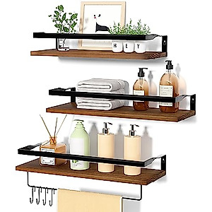 upsimples Floating Shelves, Bathroom Shelves Set of 3, Wood Wall Shelves with Removable Towel Bar, Wall Decor for Bathroom, Bedroom, Living Room, Kitchen, Dark Brown
