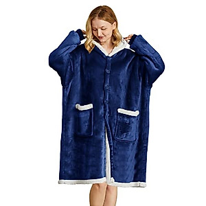 PLOTMOND Oversized Wearable Blanket Hoodie, Flannel Blanket Sweatshirt for Women Men, Comfy Blanket Hoodie with Button,Pocket