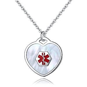 LinnaLove Pearl/Shell Stainless Steel Heart Medical Alert Necklace for Women Free Engraving-24 in Chain