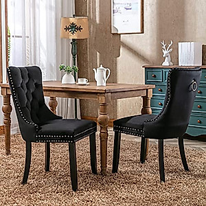 GEEVIVO Velvet Dining Chairs Set of 2, Upholstered Tufted Dining Room Chairs with Nailhead Button Back and Ring Pull Trim, Solid Wood Legs Side Dining Chairs for Dining Room/Kitchen/Restaurant, Black
