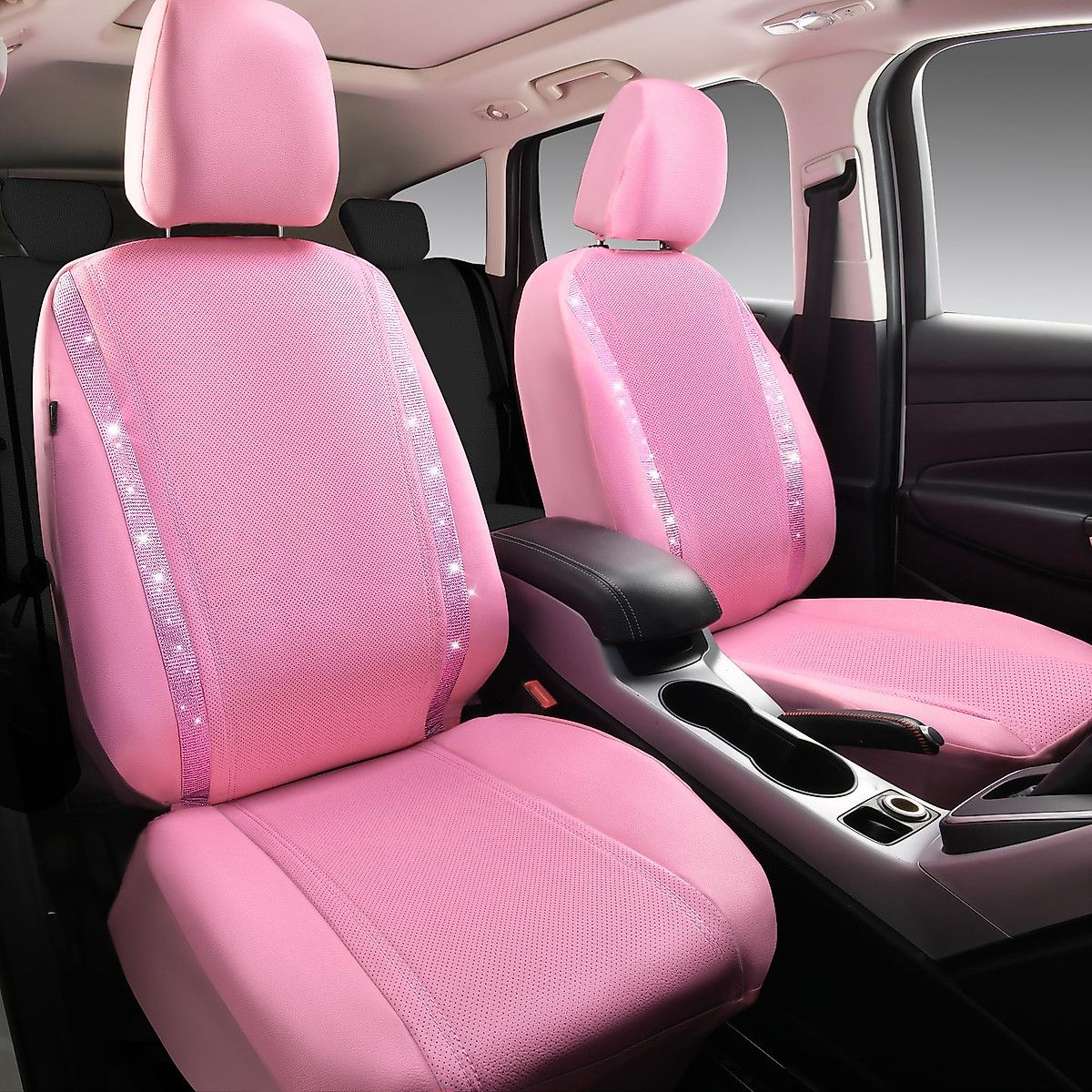 CAR PASS Bling Car Seat Covers, Shining Rhinestone Waterproof Faux Leather Pink Car Accessories Two Front Only Universal Fit Auto Glitter Crystal Sparkle Strips for Cute Women Girl, Pink Diamond