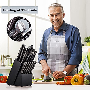 16-Piece Kitchen Knife Set,Ergonomic Wood Handle for Chef Knife Set,Knife Block Set for Chopping,Bread Knife,Santoku Knife,Knife Sharpening And Paring Knife & More,Unique Hammered Design