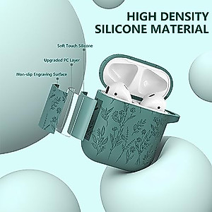Flower Engraved Case for Apple AirPods 2nd Generation 2019, Soft Silicone Protective Case for AirPods 2nd/1st Gen Case Airpod Case with Clean Kit,Carabiner,Lanyard,Front LED Visible,Pine Green