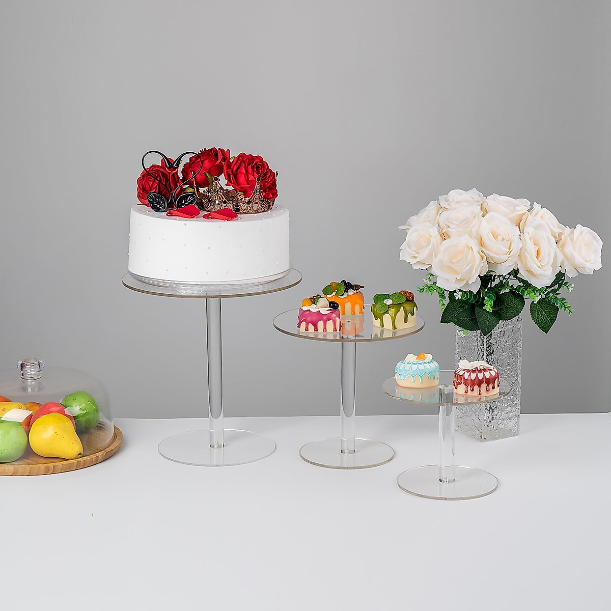 KVMORZE Acrylic Cake Stand, Clear Round Cupcake Stands for Dessert Table, Dessert Cupcake Pastry Candy Display Riser for Wedding, Event, Party, Cake Holder for Cupcake Dessert Cake Pizza (9.8in)