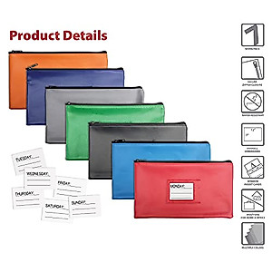 7 Pack, 7 days Zipper Security Bank Deposit Bag, Clear Window & 14 Insert Cards (Mon - Sun + Blank), by Better Office Products, Leatherette, 11.25" x 6.25", Cash Bag, Utility Pouch, Assorted 7 Colors