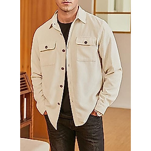 JMIERR Mens Corduroy Casual Button Down Shirts Long Sleeve Jackets Slim Fit Jacket with Flap Pockets, US 43(L), A Apricot