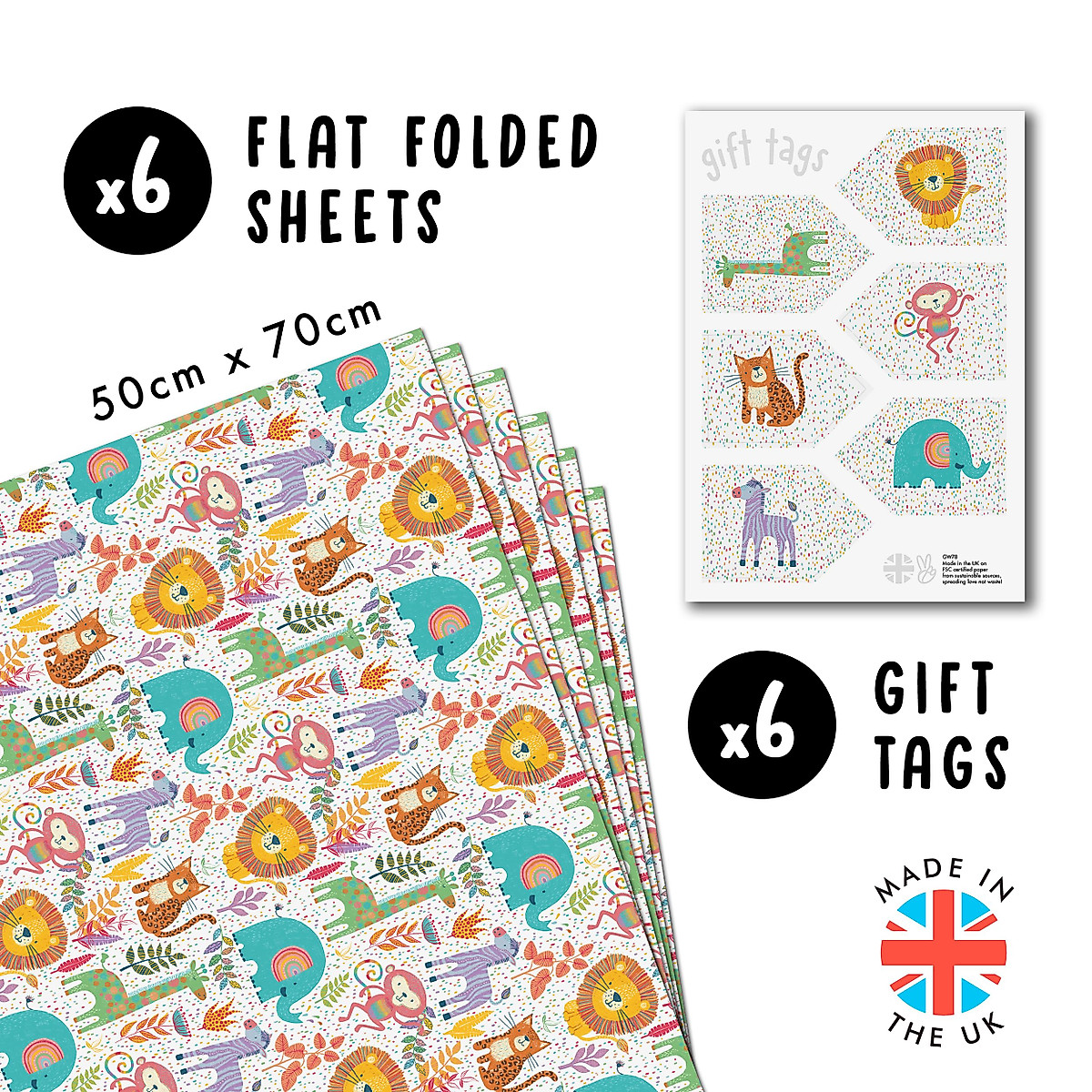 CENTRAL 23 Kids Birthday Wrapping Paper for Boys (x6) Sheets - For Girls - New Baby Birthday Gift Wrap - Safari Animals - Dinosaur Wrapper Paper - Kids Gift Wrap Matte - Recyclable