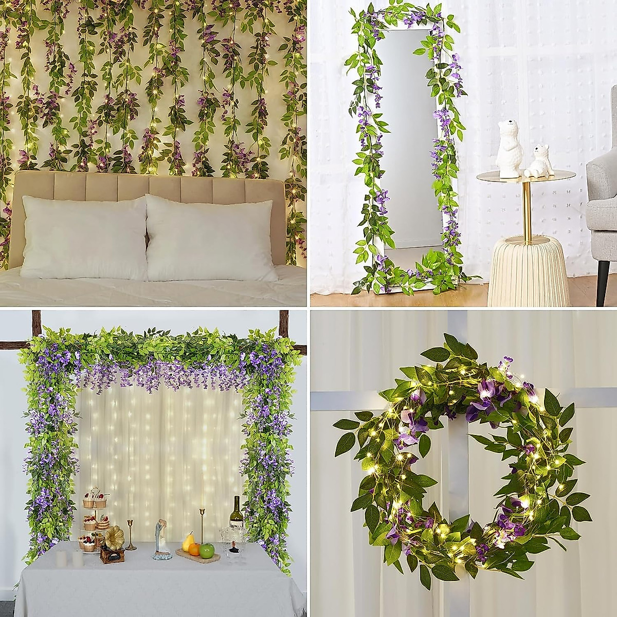 4Pcs 6.6Feet/Piece Artificial Flowers Silk Wisteria Garland Artificial Wisteria Vine Rattan Silk Hanging Flower for Home Garden Outdoor Ceremony Wedding Arch Floral Decor (Purple, 4Pcs 6.6Ft/Piece)