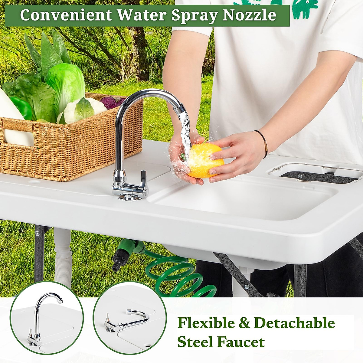 VINGLI Folding Fish Cleaning Table with 2 Sink, Outdoor Portable Camping Table with Grid Rack & Sprayer, Cutting Table with Drainage Hose Stainless Steel Faucet for Patio Backyard BBQ