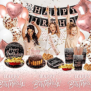 birthday decorations for women rose gold - (Total 170pcs) happy birthday Supplies for women, Balloons,tablecloth,Foil Backdrops,Plates,Cups,Photo Props,Sash,Tableware for 24 Guests