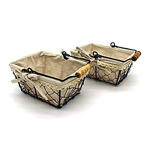 CVHOMEDECO. Primitives Country Chicken Wire Small Gift Baskets Gathering Baskets with Wooden Handle and Fabric Liner. Set of 2 (Rectangular)