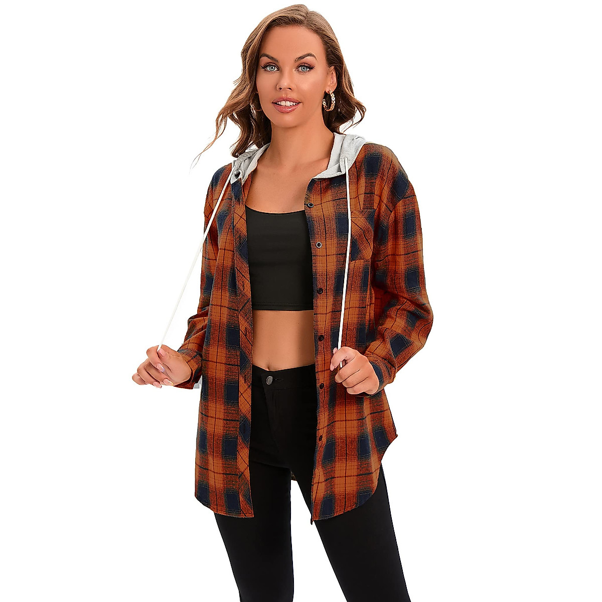 Womens Flannel Shirts Long Sleeve Oversized Boyfriend Shirts Button Down Plaid Hoodie Orange