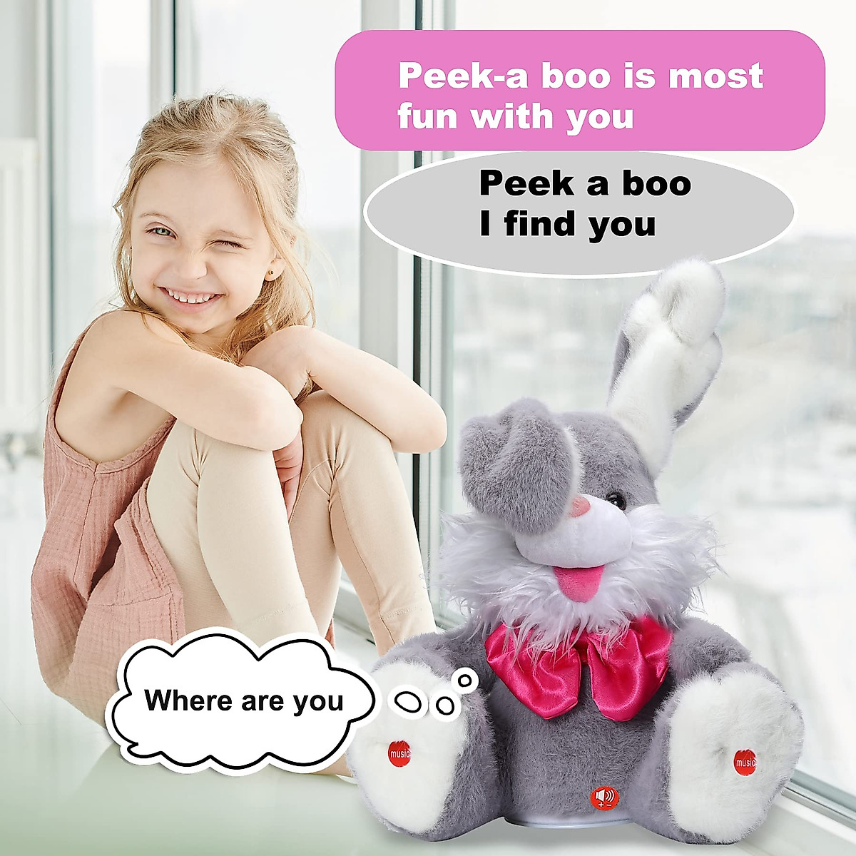MIAODAM Peek-A-Boo Bunny Toy for Toddlers 1-3, Talking Stuffed Animal Repeats Your Words, Sings Children Songs & Lullabies, Interactive Plush with Floppy Ears (Grey)
