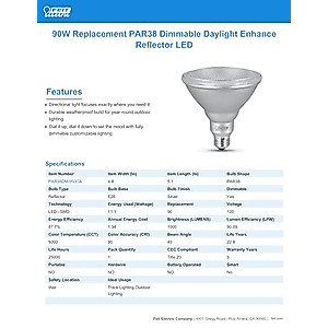 Feit Electric PAR38 LED Bulb, 90W Equivalent, Dimmable, 5000k Daylight, 1000 Lumen, 22 Year Lifespan, E26 Base, PAR38 Flood Light Bulb, CRI 90, Indoor/Outdoor, UL Listed, 1 Pack, PAR38DM/950CA