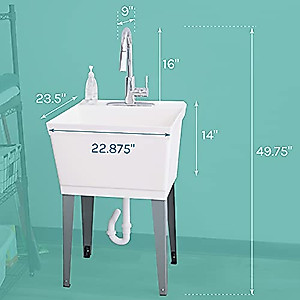 JS Jackson Supplies White Utility Sink Laundry Tub with High Arc Chrome Faucet, Pull Down Sprayer Spout, Heavy Duty Slop Sinks for Basement, Garage, or Shop, Free Standing Wash Station