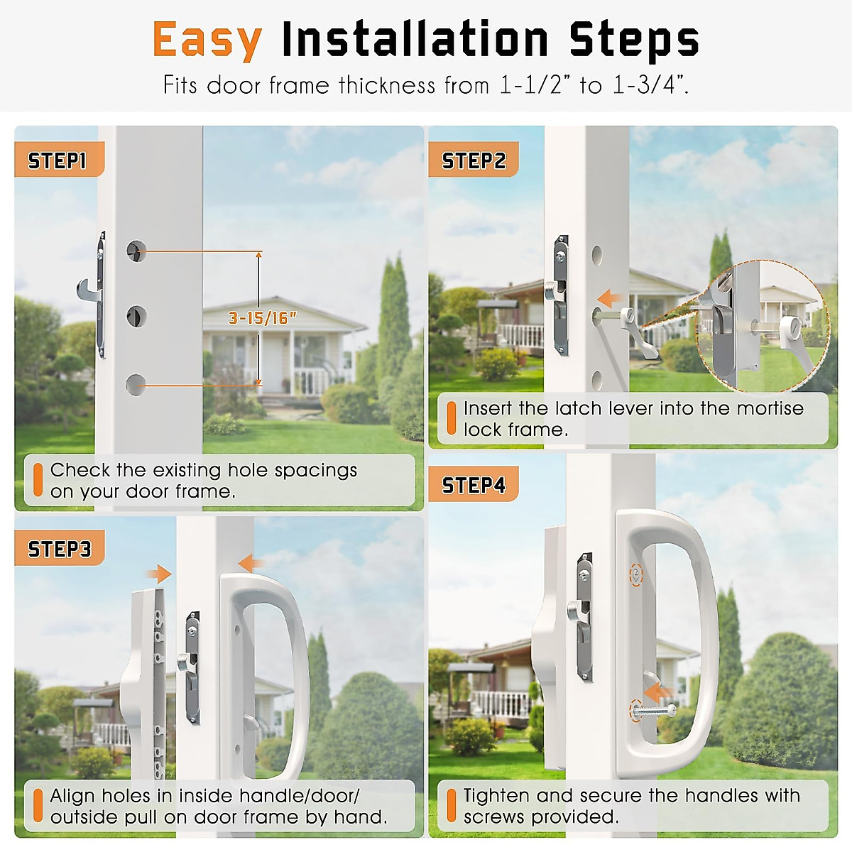 Sliding Door Handle, Non-Keyed Sliding Patio Door Handle Set with Latch for 3-15/16” Hole Spacing for Mortise Style Locks, Non-Handed, Sliding Glass Door Handles Replacement, White