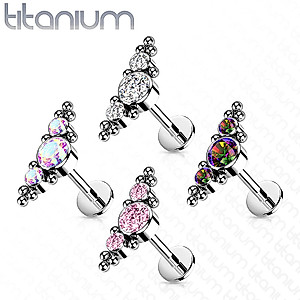 Dynamique Implant Grade Titanium Threadless Push In Labret, Flat Back Stud With 3 CZ And Ball Clusters Top for Cartilage, Lip, Nose (Sold Per Piece)