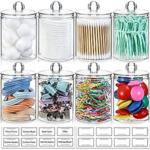 8 Pack Qtip Holder Dispenser with Lids & Labels, Cotton Ball, Cotton Swab, Cotton Round Pads, Floss Storage Canister - Clear Plastic Apothecary Jar for Bathroom Vanity Makeup Organizer (12oz & 10oz)