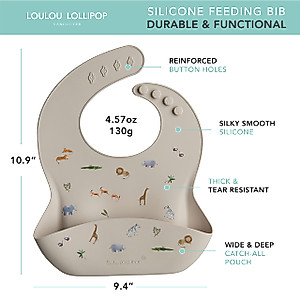 Loulou Lollipop Soft, Waterproof Silicone Feeding Bib for Babies and Toddlers 3 to 36 Months, Easy to Clean, Adjustable Fit and Catch-All Pouch - Safari