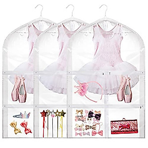 Dance Costume Garment Bag PVC Plastic Bag Holder Clear with Garment Rack Hanging Pack to Dance Bag Children Clothes Storage Costume Bags Organizer Zipper Pockets for Kid Girls, 23.6 x 35.4 In(6 Pcs)