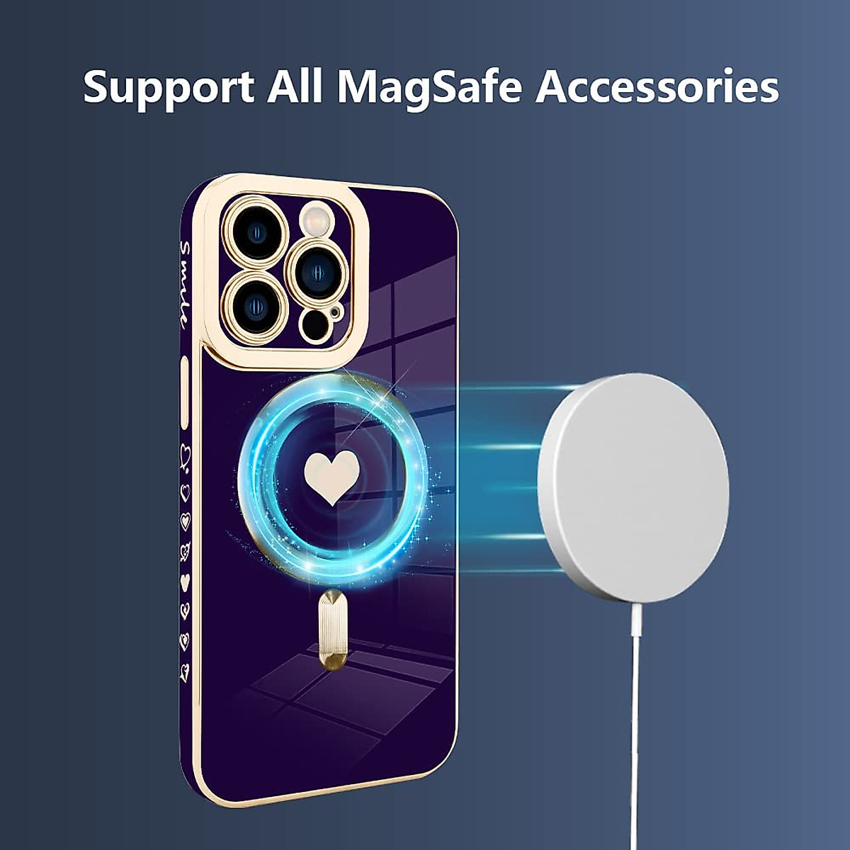 Bonoma for iPhone 13 Pro Max Case [Support Magsafe] Love Heart Pattern Magnetic Plating Electroplate Luxury Elegant Case Camera Protector Soft TPU Shockproof Protective Corner Back Cover -Purple