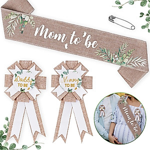 Neutral Burlap Mom to Be Sash Dad to Be Pin Baby Shower Decorations, Sage Green Mommy to Be Sash Baby Shower Pin Set for Gender Reveals Party Decorations for Pregnant Keepsake Gifts