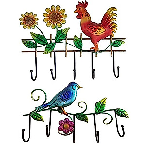 JFRISING Rooster & Bird Wall Hooks Hanging Plaque Sculpture, Sturdy Indoor Outdoor Metal Wall Art Decor with Life-Like Flower for Coat Keys Apron Towel Hook, Easy to Install 2 Pack