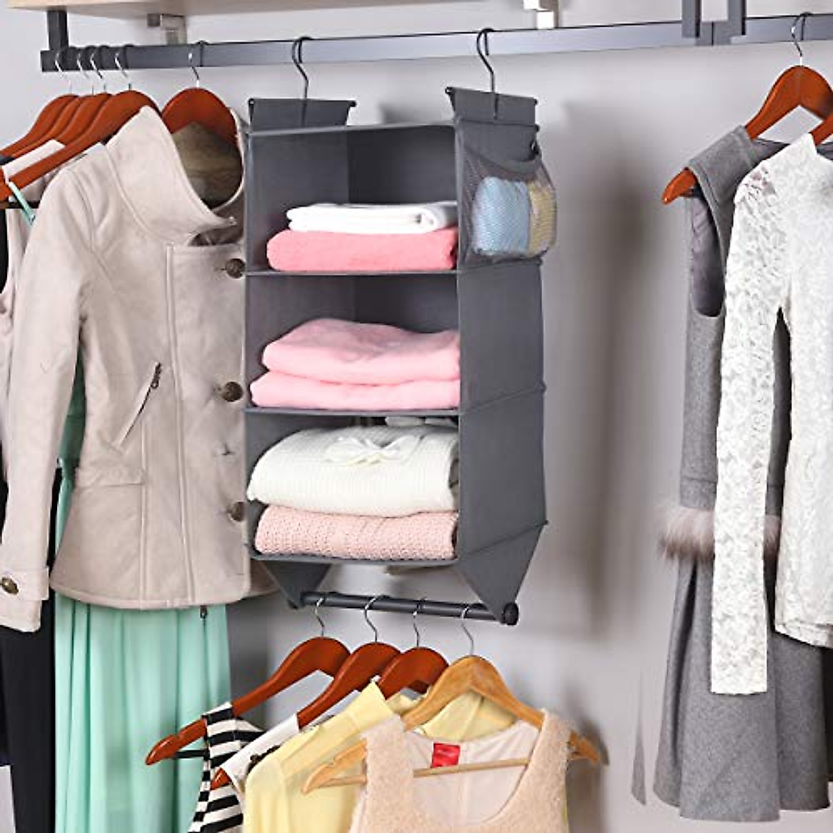MAX Houser 3 Tier Shelf Hanging Closet Organizer with Garment Rod 2 Side Pockets, 3-Shelves Hanging Sweater Organizer (Grey)
