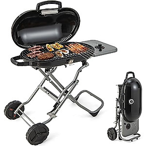 Giantex Gas Grill, Portable Propane Grill with 15,000 BTUs Burner, Side Table, 2 Wheels, Grease Tray, Metal Frame, Folding Stand-Up Propane Gas Grill for Outdoor Cooking Camping Barbecue (Black)